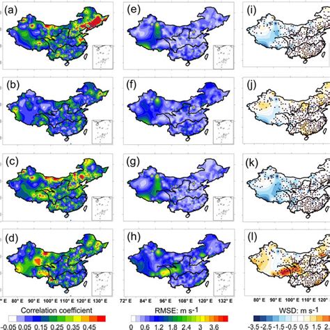 A D Spatial Patterns Of Correlation Coefficients E H Rmse And