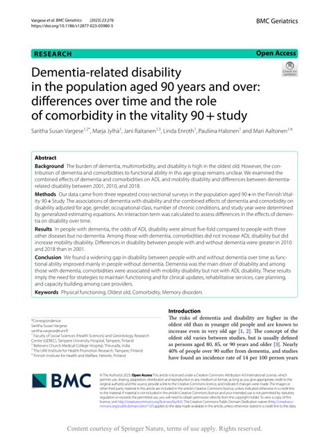 Pdf Dementia Related Disability In The Population Aged 90 Years And