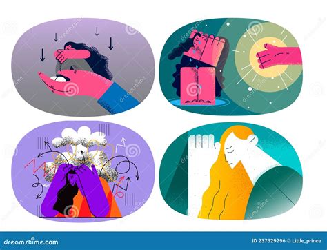 Set Of Unhappy Woman Suffer From Depression Need Help Stock Vector