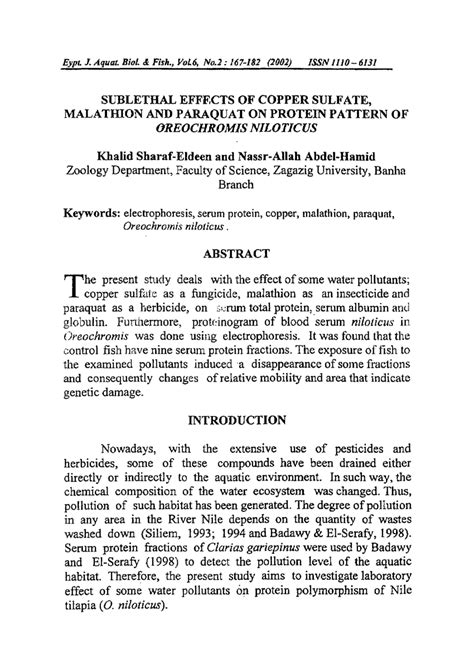 Pdf Sublethal Effects Of Copper Sulphate Malathion And Paraquat On