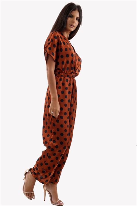 Rust Polka Dot Satin Jumpsuit With Deep V Line Jumpsuits Ivykove