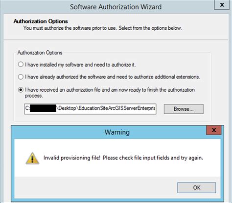 problem unable to authorize arcgis server using a provisioning file