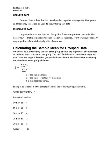 Calculating The Sample Mean For Grouped Data Pdf
