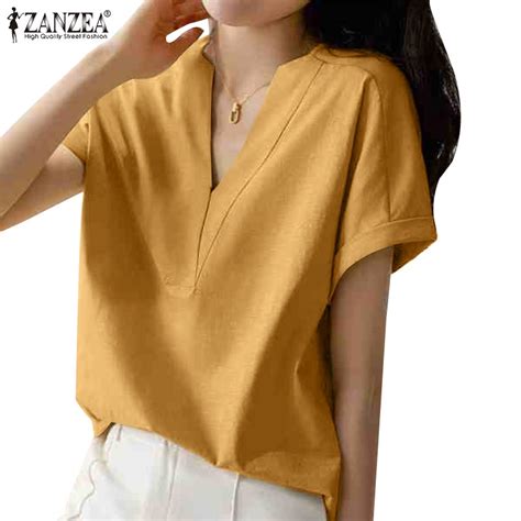 Zanzea Women Retro Daily Casual Short Sleeve V Neck Loose Solid Top