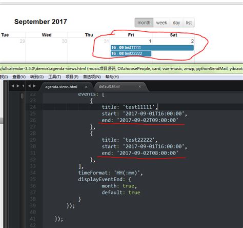 javascript fullcalendar events not displaying even if events end time