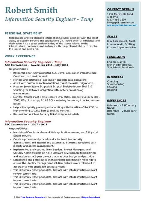 information security engineer resume samples qwikresume