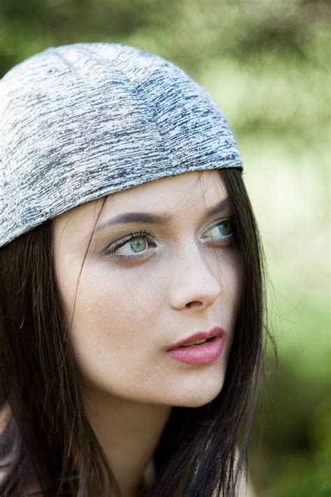 Beautiful Girl With Green Eyes In City Park Woman Beauty Face Portrait