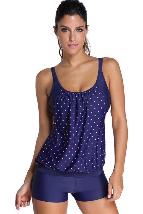 Navy Polka Dot Two Piece Sport Tankini With Swim Trunks With Images