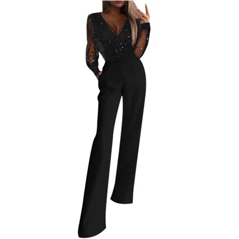 Sexy Sequins Jumpsuits For Women Dressy Mesh Long Sleeve V Neck Wide
