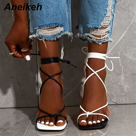 Aneikeh 2023 Fashion Sexy Lace Up Women Sandals Square Toe 9cm Thin