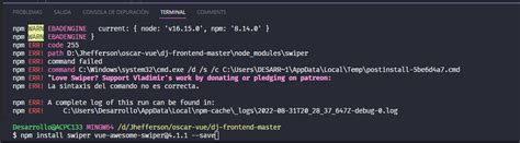 nodejs vue awesome swiper para vue 2 no se instala npm err code 255