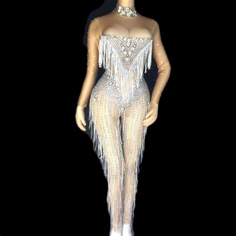Shining Crystals Tassel Womens Jumpsuit Sexy Printed Big Stones