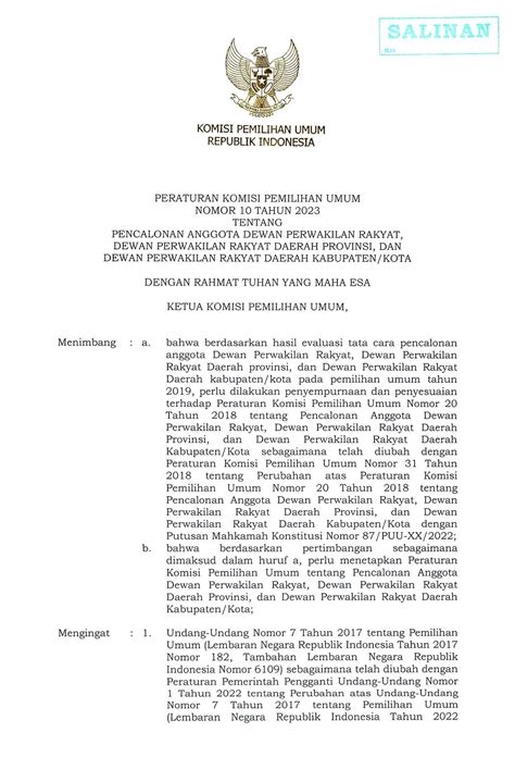 Peraturan Komisi Pemilihan Umum Pkpu Nomor 10 Tahun 2023 Lawfirm Aw
