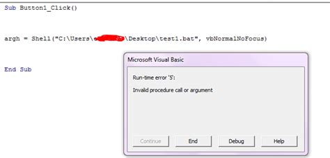 excel getting invalid procedure call argument when i run call a bat