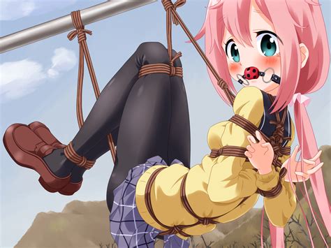 Mukanata Kagamihara Nadeshiko Yurucamp Highres 1girl Arms Behind Back Ball Gag Bdsm Blue