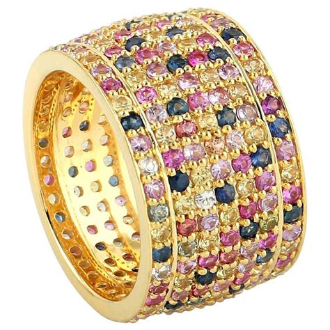 Multi Sapphire Rainbow Diamond 18 Karat Gold Cocktail Ring For Sale At