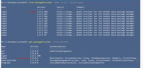 nuget package provider version mismatch powershell