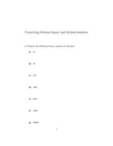 converting between binary and decimal numbers worksheet with solutions
