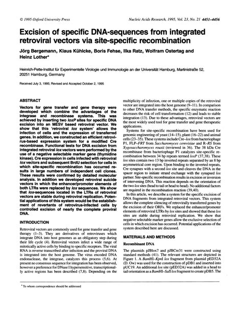 Pdf Excision Of Specific Dna Sequences From Integrated Retroviral