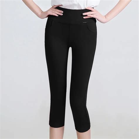 Woman Summer Plus Size Mid Elastic Waist Solid Calf Length Pants Pencil