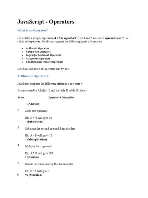 Javascript Operators Pdf Boolean Data Type Arithmetic