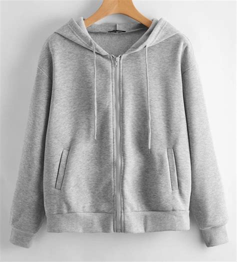 Drop Shoulder Zip Up Drawstring Hoodie Grey Zip Ups Long Sleeves