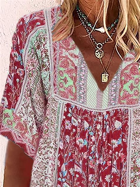Plus Size Boho Casual Shirts And Tops Clothing V Neck Floral A Line