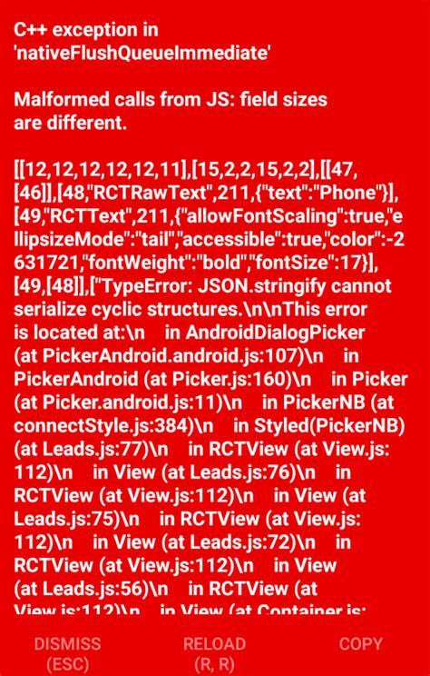 malformed calls from js field sizes are different error on android