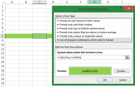 highlighting the row of active cell with conditional formatting