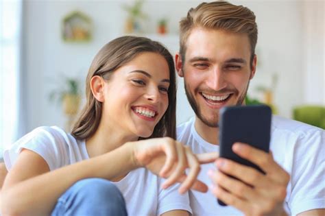 Young Couple Watching Online Content In A Smart Phone Sitting On A Sofa