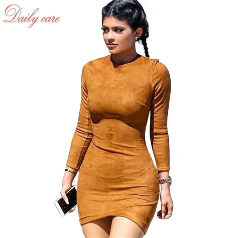 Stylish Lady Women Bodycon Dress Sexy Autumn Winter Faux Suede O Neck