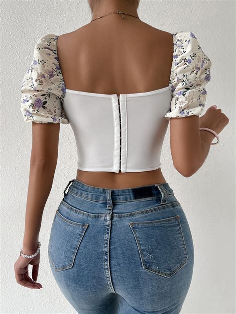 Shein Lune Blusa Con Estampado Floral De Cuello Cuadrado De Manga Farol