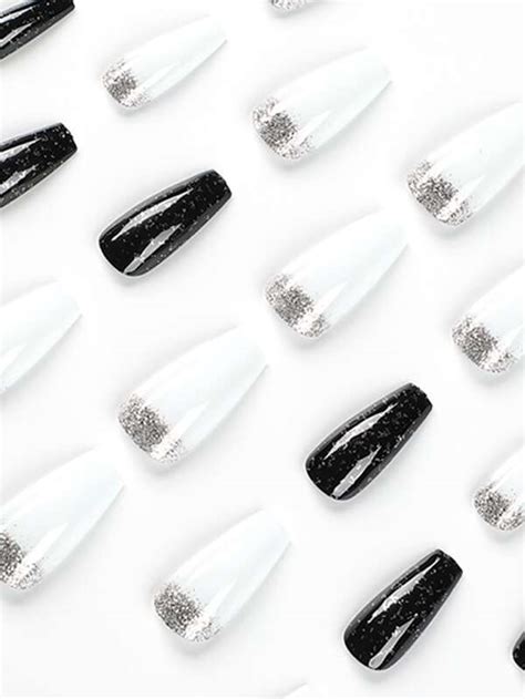 Upgrade Your Look With 24pcs Long Coffin Black And White Glitter Fake