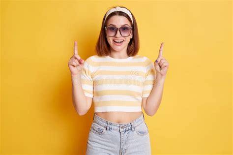 Happy Amazed Excited Woman Wearing Striped T Shirt Hair Band And