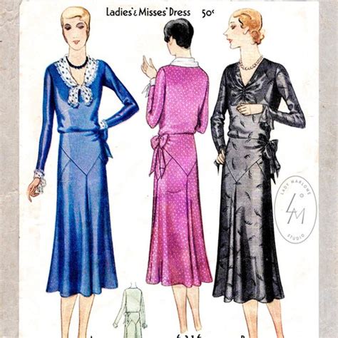 Vintage Sewing Pattern 1930s 30s Day Dress Art Deco Details Etsy