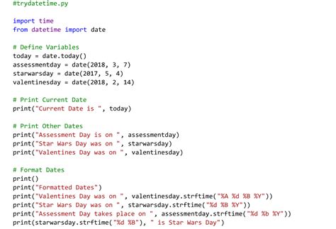 python code for dates and times includes formatting of dates text