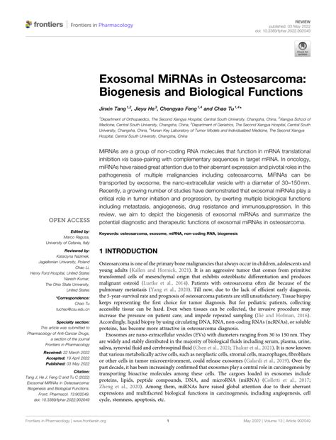 Pdf Exosomal Mirnas In Osteosarcoma Biogenesis And Biological Functions