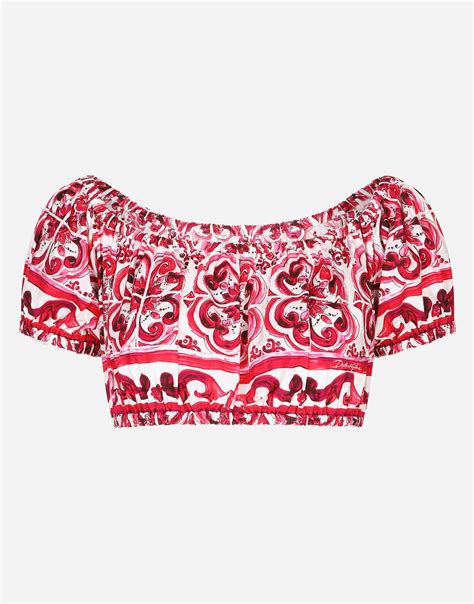 Majolica Print Poplin Crop Top In Multicolor For Women Dolceandgabbana®