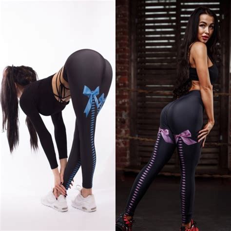 Bow Digital Printing Leggings Hip Elastic High Waist Blue Pink Red Bow