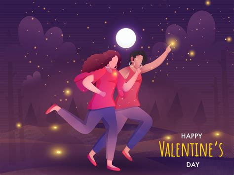 Faceless Young Lesbian Female Couple Running On Full Moon Landscape