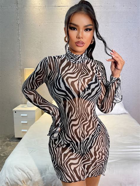 Shein Zebra Striped See Through Split Hem Mesh Bodycon Dress Without