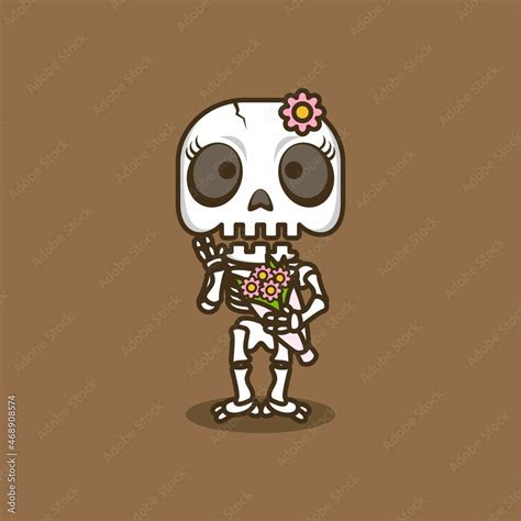 Cute Cartoon Female Skull Character Carrying Flowers Vector