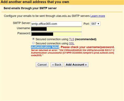 authentication failed send mail as from gmail through microsoft