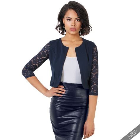 Womens Ladies 3 4 Lace Sleeve Cropped Evening Shrug Bolero Top Cardigan