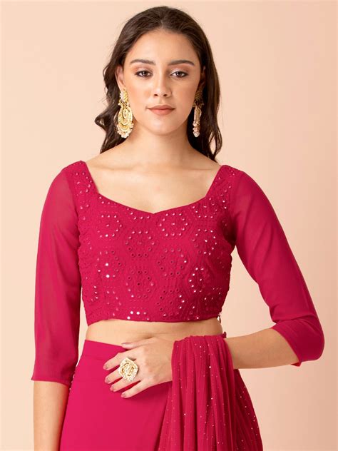 Buy Indya Pink Embellished Sweetheart Neck Georgette Crop Top Tops