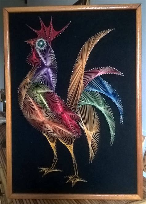 vintage string art rooster frame 1970 etsy