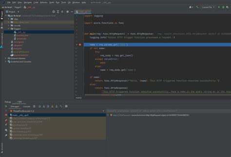 how debug azure python function running in shell and debugging in