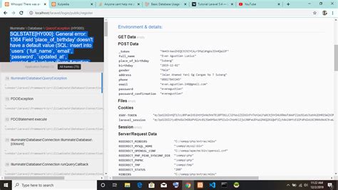 php sqlstate[hy000] general error 1364 field place of birthday