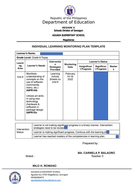 6 Individual Learning Monitoring Plan Republic Of The Philippines