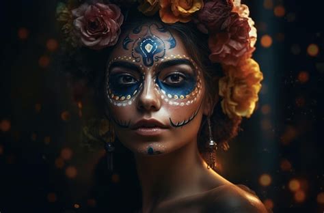 Portrait Of A Woman With Sugar Skull Makeup Over Dark Background